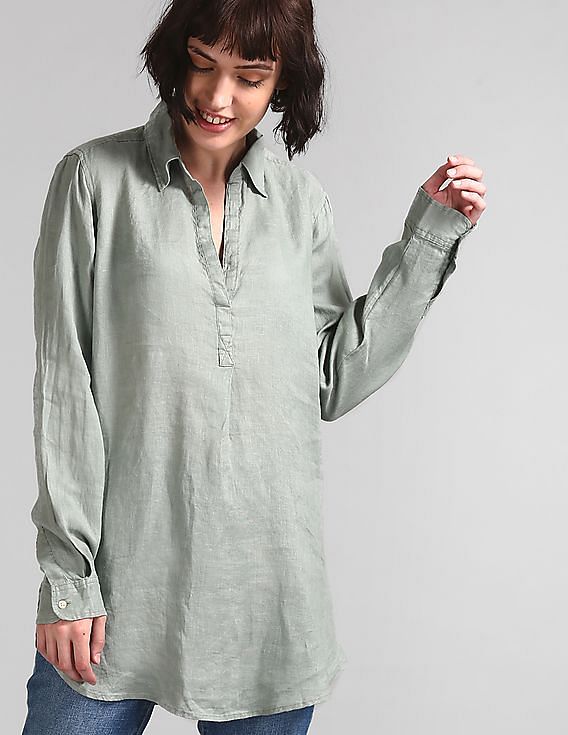 Buy GAP Women Green Boyfriend Popover Tunic In Linen NNNOW